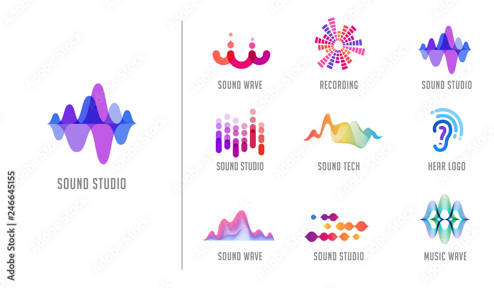 Sound wave, music, production logo and symbol collection, design icons ...
