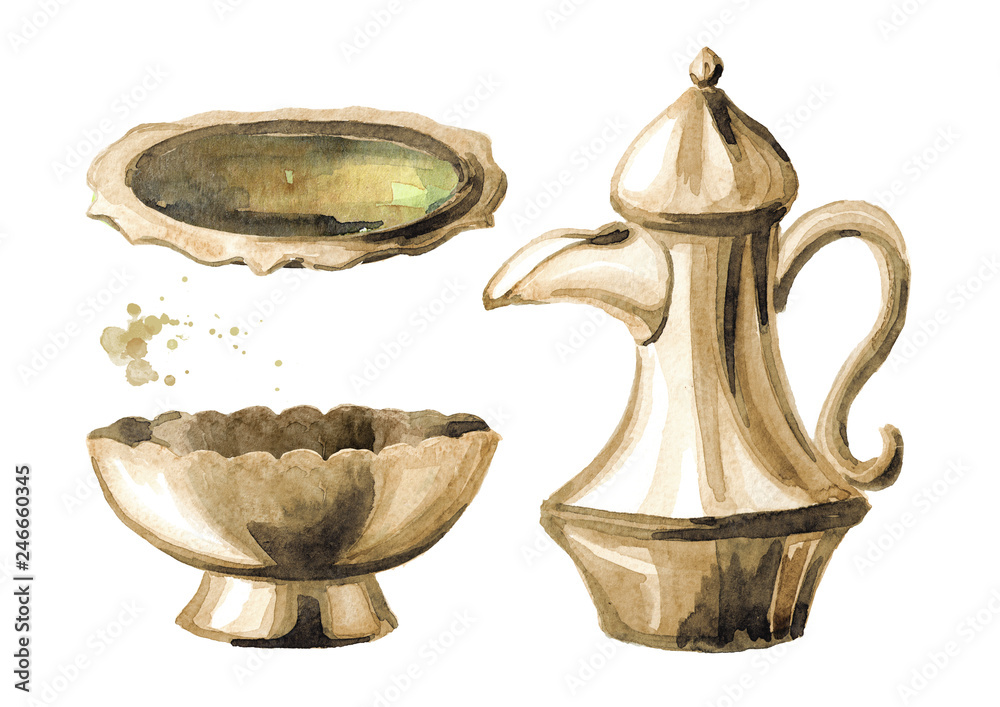 Silver crockery set. Traditional arabic Coffe pot, bowl and plate ...