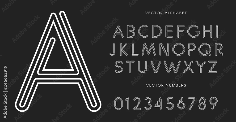 Line letters and numbers set on black background. Monochrome vector ...
