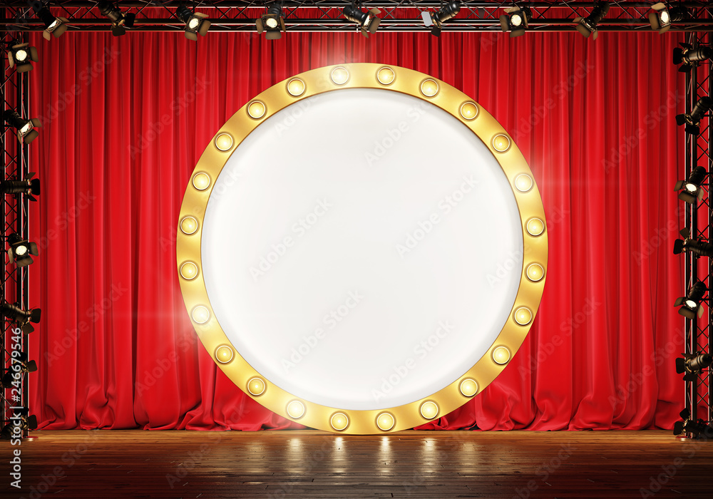 Golden round frame with shining bulbs on the theater stage with red ...