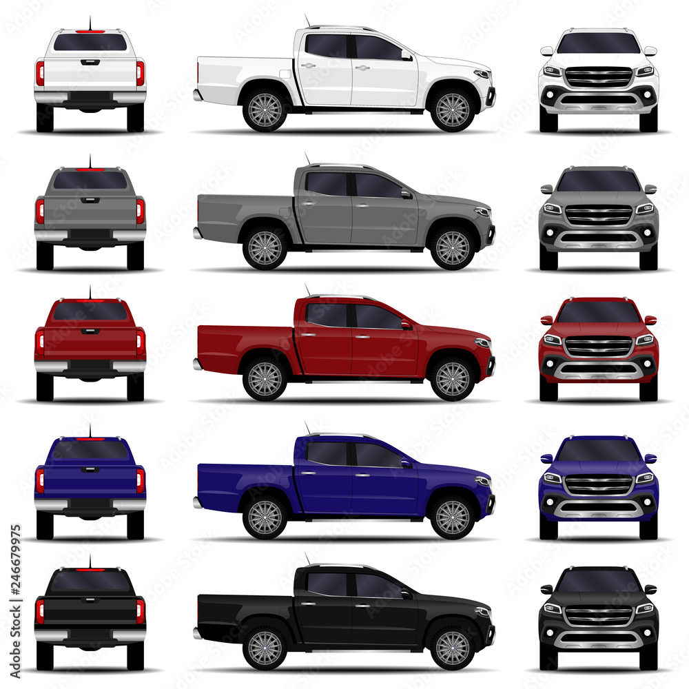 realistic cars set. truck, pickup. front view; side view; back view ...