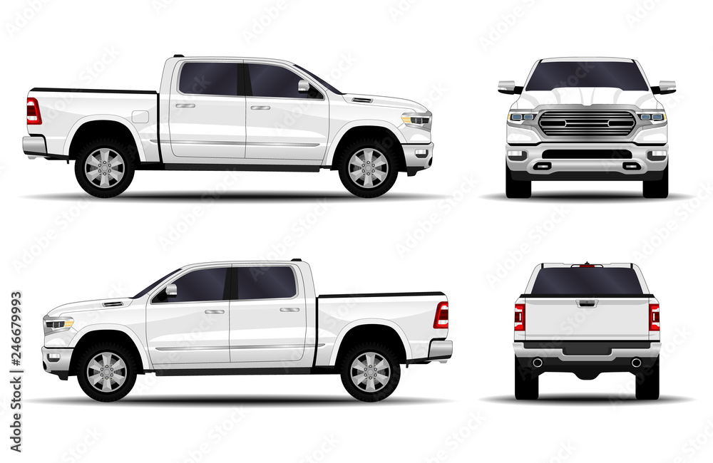 realistic car. truck, pickup. front view; side view; back view. Stock ...