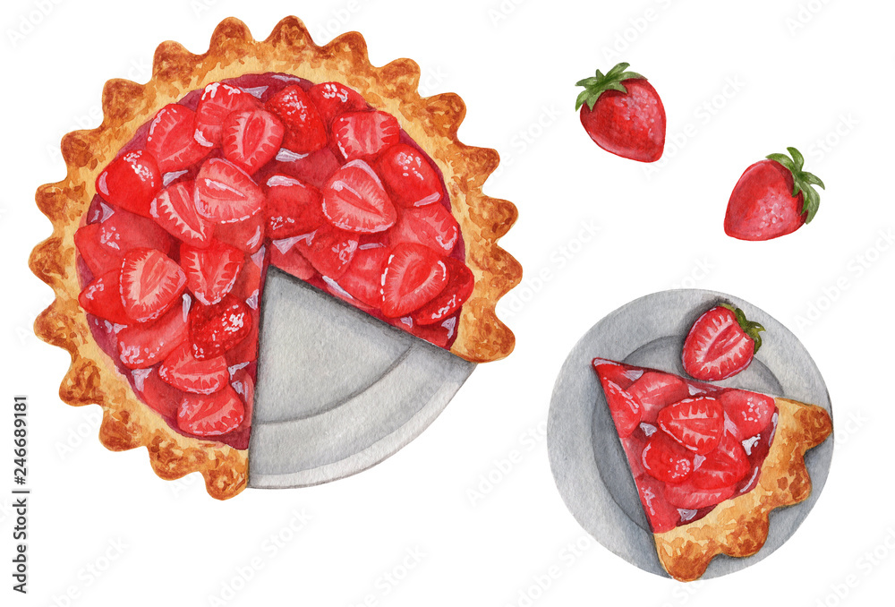 Watercolor strawberry pie illustration. Isolated on white Stock ...