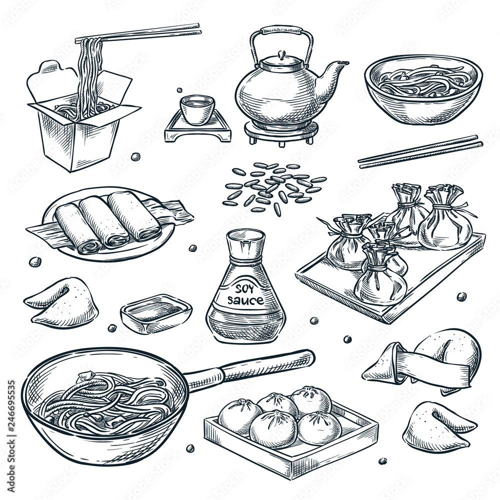Chinese food, vector sketch illustration. Set of isolated hand drawn ...