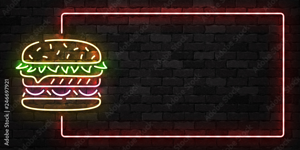 Vector realistic isolated neon sign of Burger frame logo for template ...