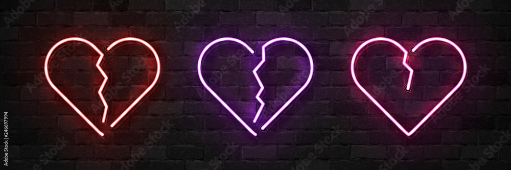 Vector set of realistic isolated neon sign of Broken Heart logo for ...
