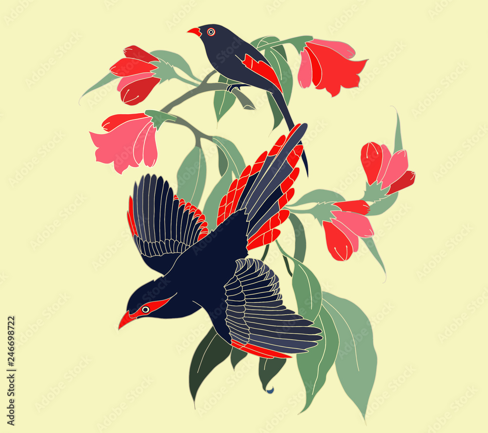 Seamless pattern with exotic trees, flowers and birds. Exotic tropical ...