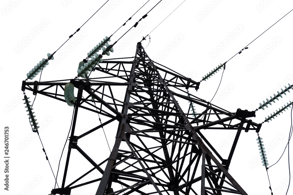 high voltage tower, electric pole, metal construction, isolated on ...