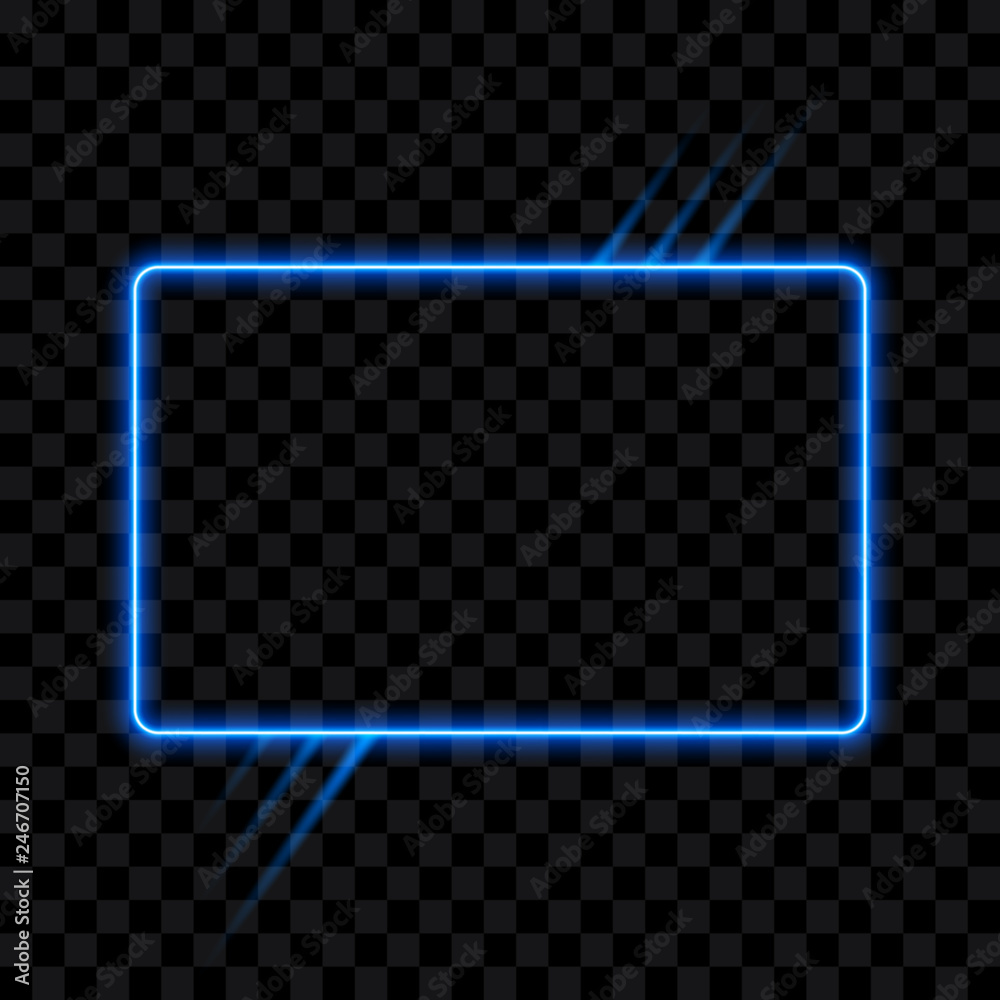 Abstract rectangle blue neon frame, vector illustration, isolated on transparent background ...