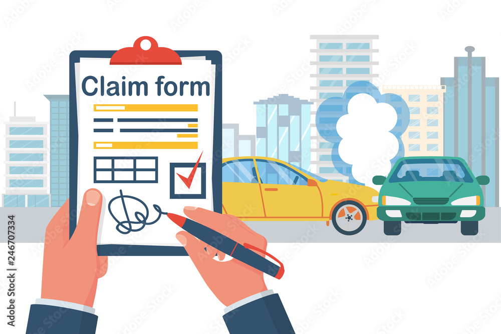 Insurance claim form. Accident concept. Man writes form on background ...