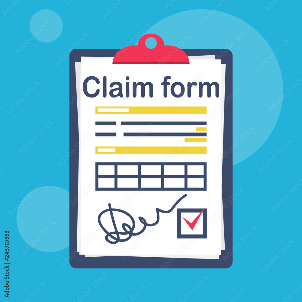 Insurance claim form with a check mark and a signature. Vector ...