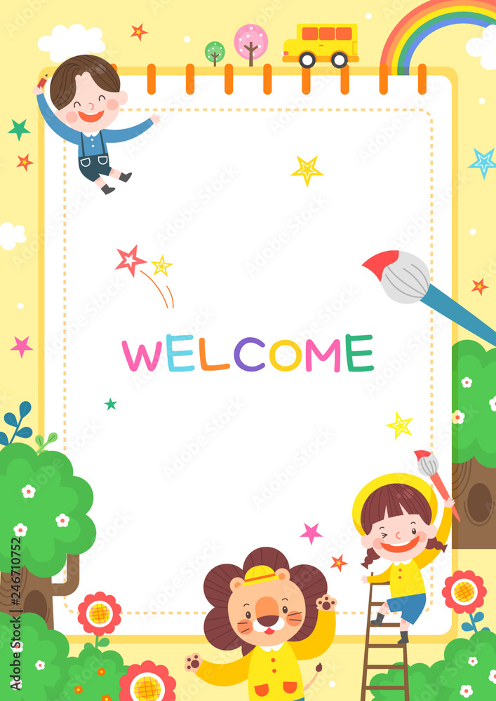 llustration of cartoon kindergarten. Cute frame with kids, child and ...