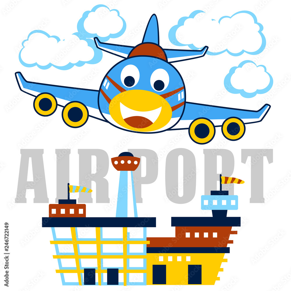 Funny airplane cartoon landing in a airport Stock Vector | Adobe Stock