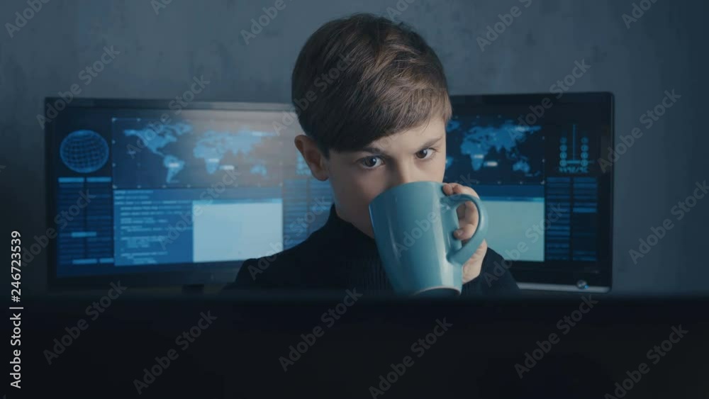Genius boy wonder hacks system at cyberspace. Cute kid young programmer ...