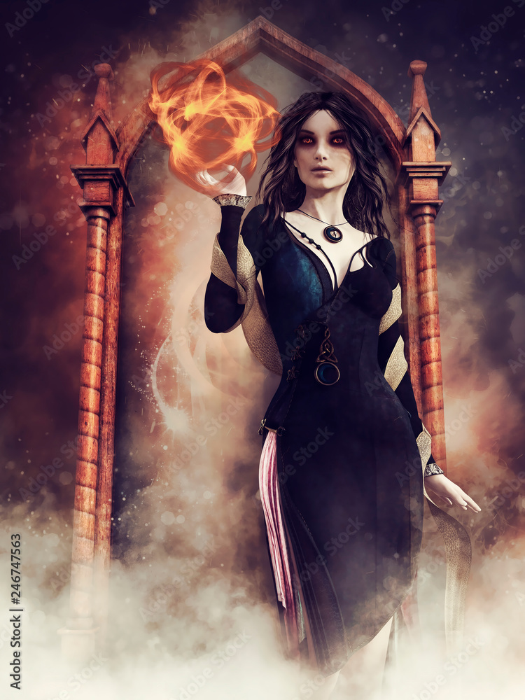 Gothic sorceress holding a sphere of fire and standing in front of a ...