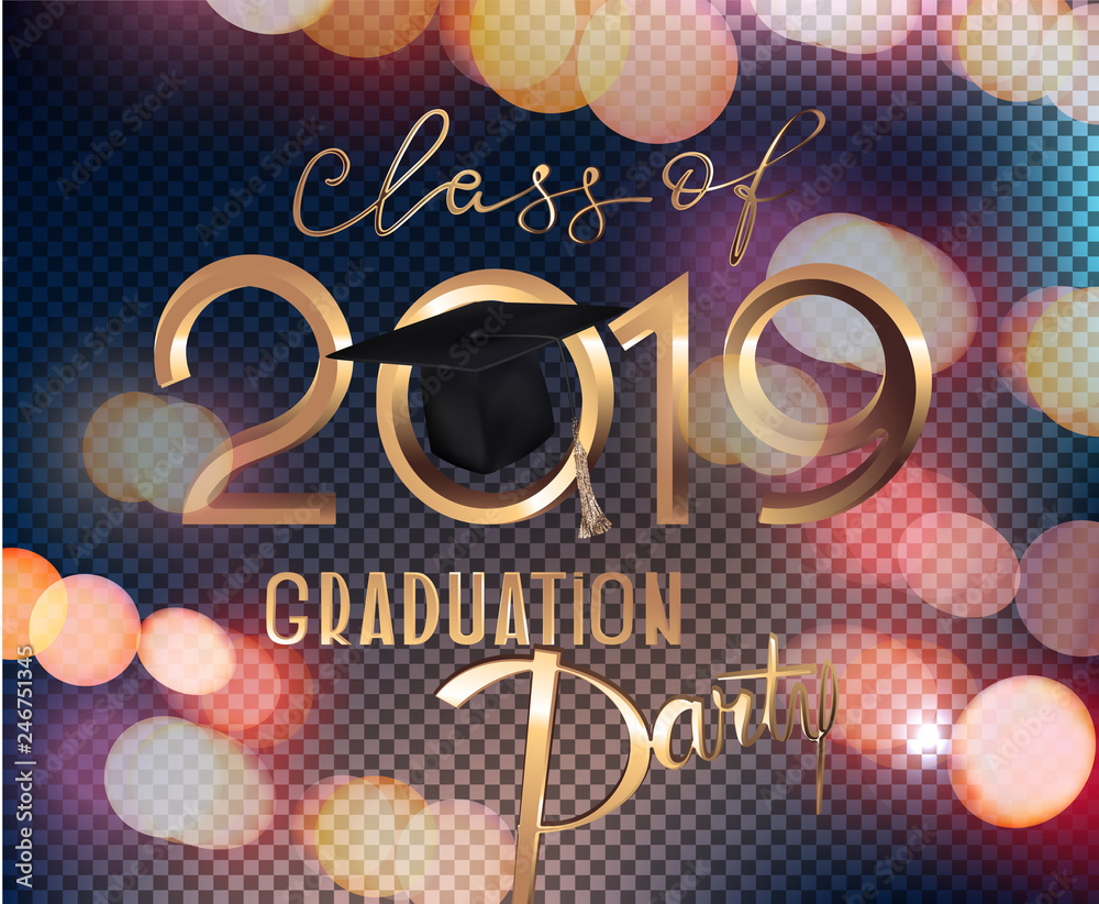 Graduation party 2019 invitation card with bokeh background and golden ...