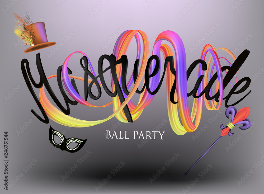 Masquerade ball party invitation card with levitating carnival objects ...