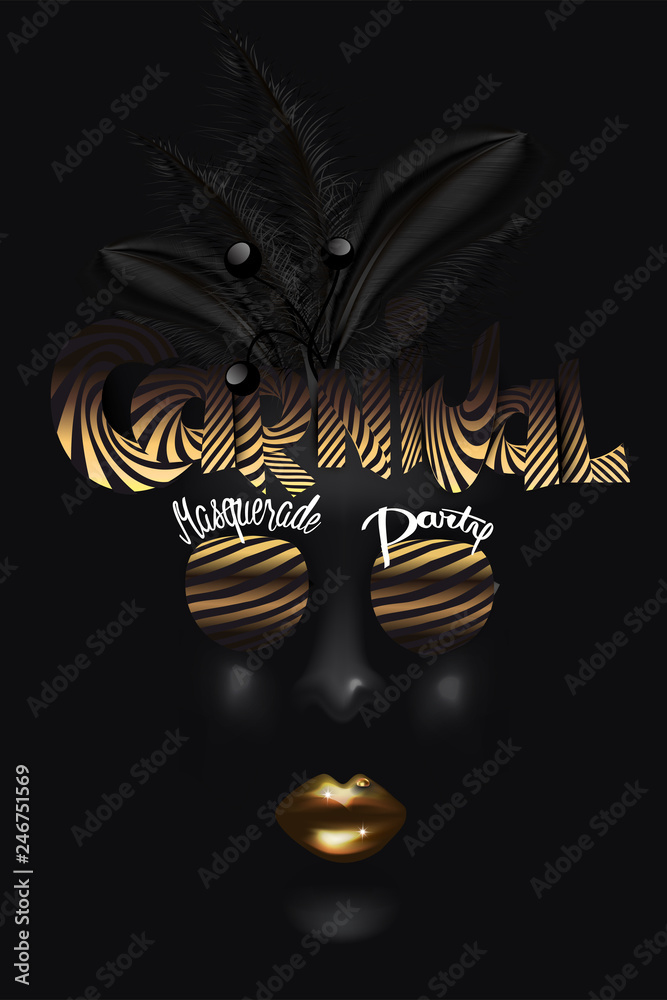 Masquerade PARTY invitation card with black mask and striped letters ...