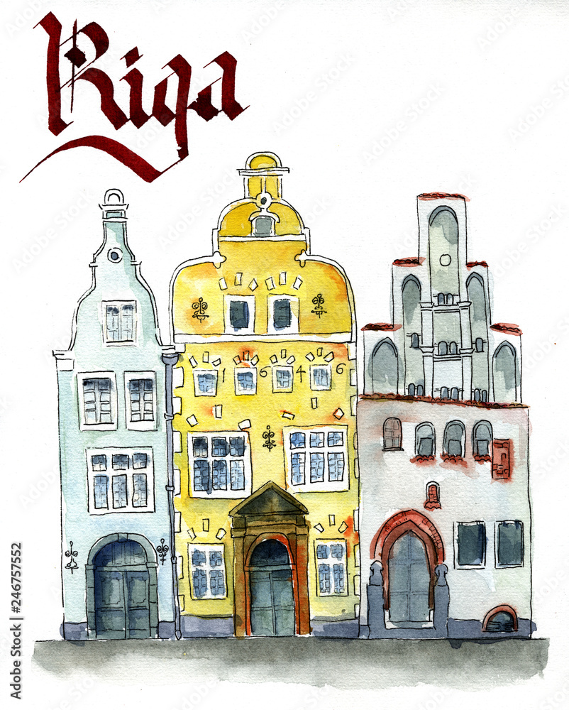 Hand drawn watercolor and ink illustration of three medieval historical ...