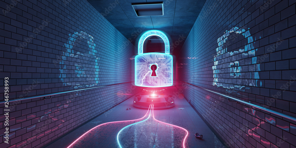 Underground cyber security hologram with digital padlock 3D rendering ...