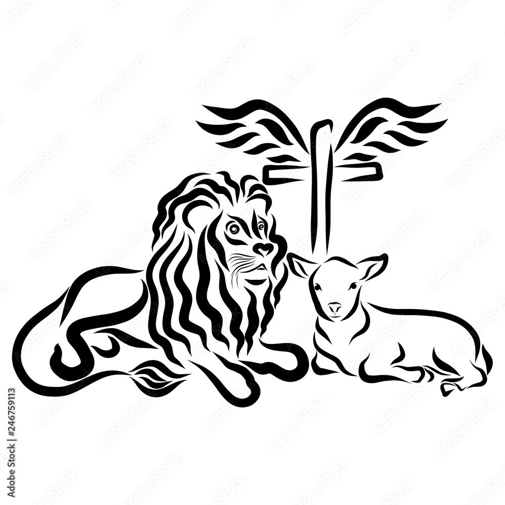 Lion, lamb and cross with wings, symbolism Stock Illustration | Adobe Stock