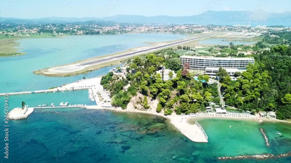 Aerial drone bird's eye view video of famous area of Kanoni near iconic ...