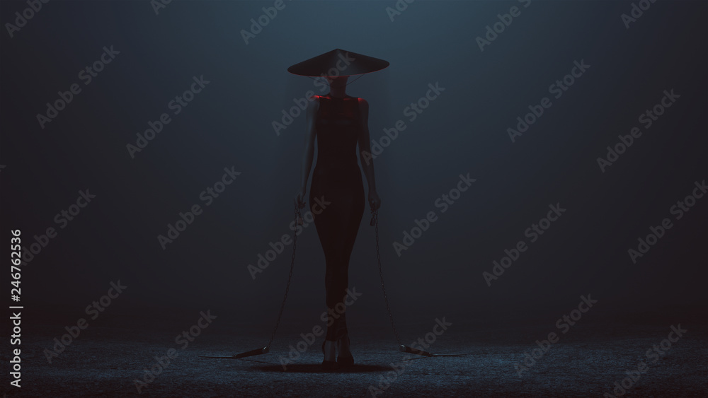 Futuristic Demon Assassin in a Tight Dress and Conical Hat with a ...