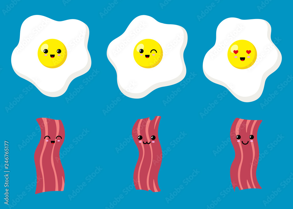 Kawaii eggs and bacon illustration set. vector background Stock Vector ...