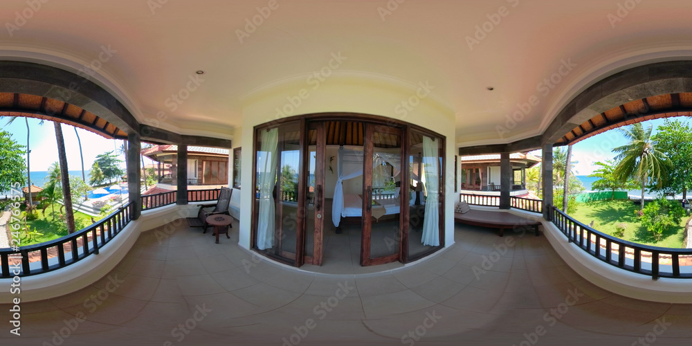 vr 360 view from the balcony of luxury hotel on sea. bedroom interior ...