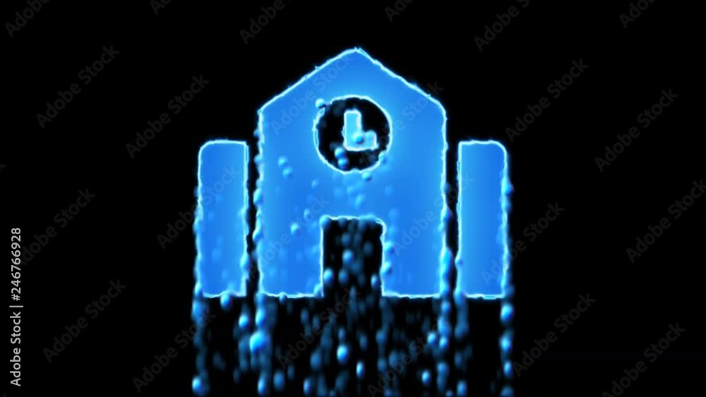 Liquid symbol town hall appears with water droplets. Then dissolves ...