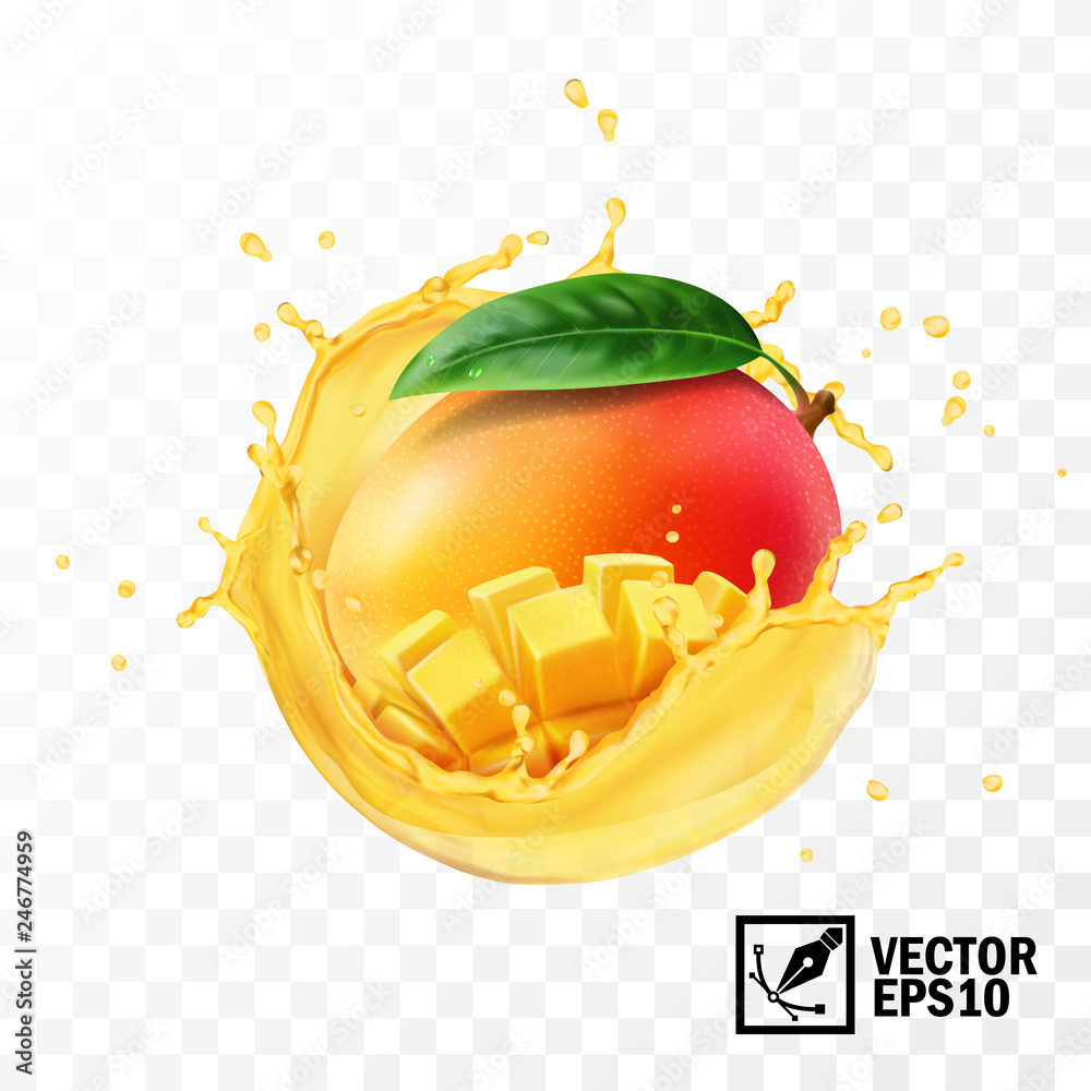 Whole and pieces mango fruit with leaf in a splash of juice with drops ...