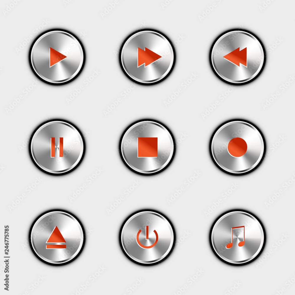 Media Player Control Icon Set - Silver Metallic Vector Illustration ...