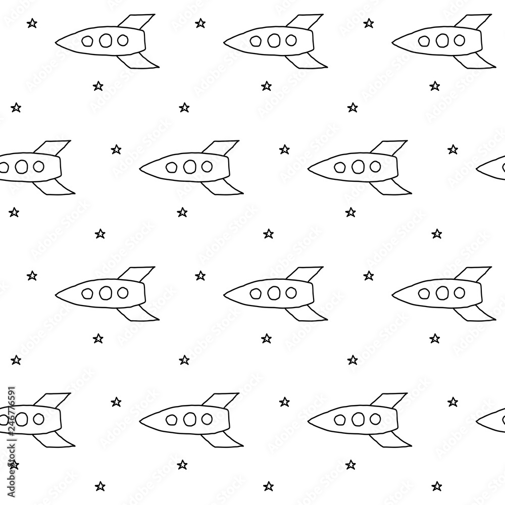 Cartoon space pattern with hand drawn rockets and stars. Cute vector ...