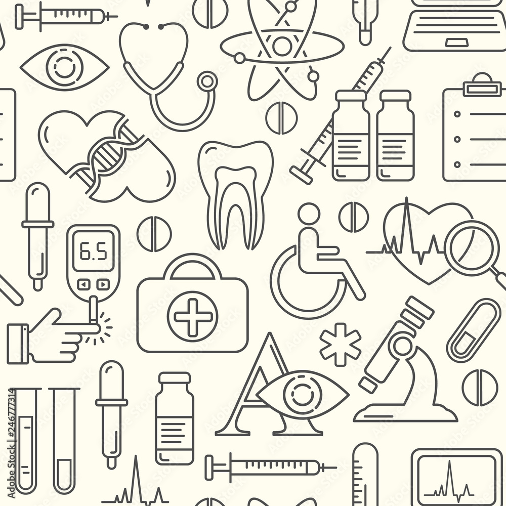 Vector medicine and health design seamless pattern with modern linear ...