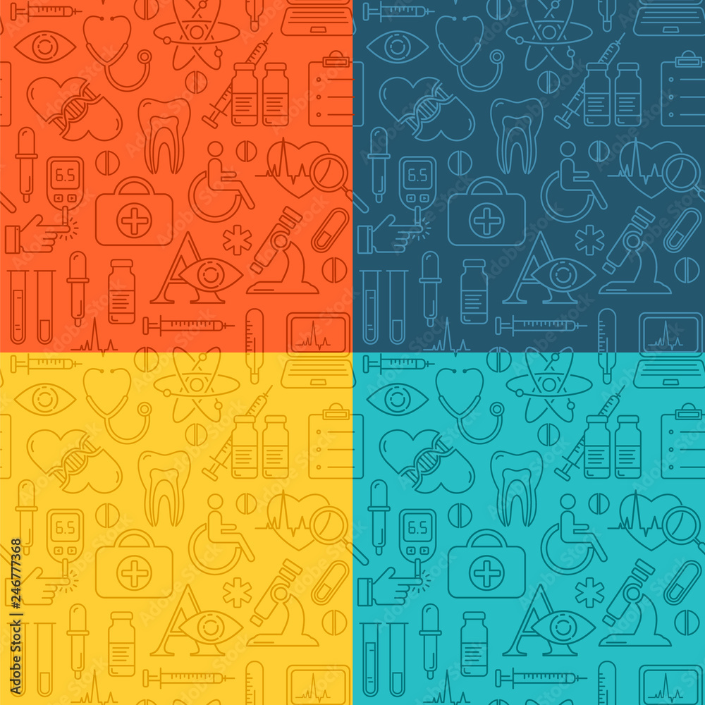 Vector medicine and health design seamless pattern with modern linear ...
