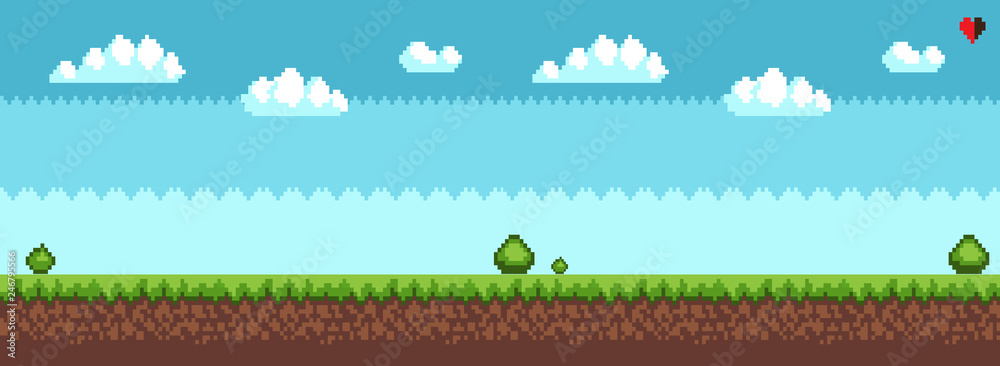 Tree and bush pixel style vector illustration landscape with sky grass ...