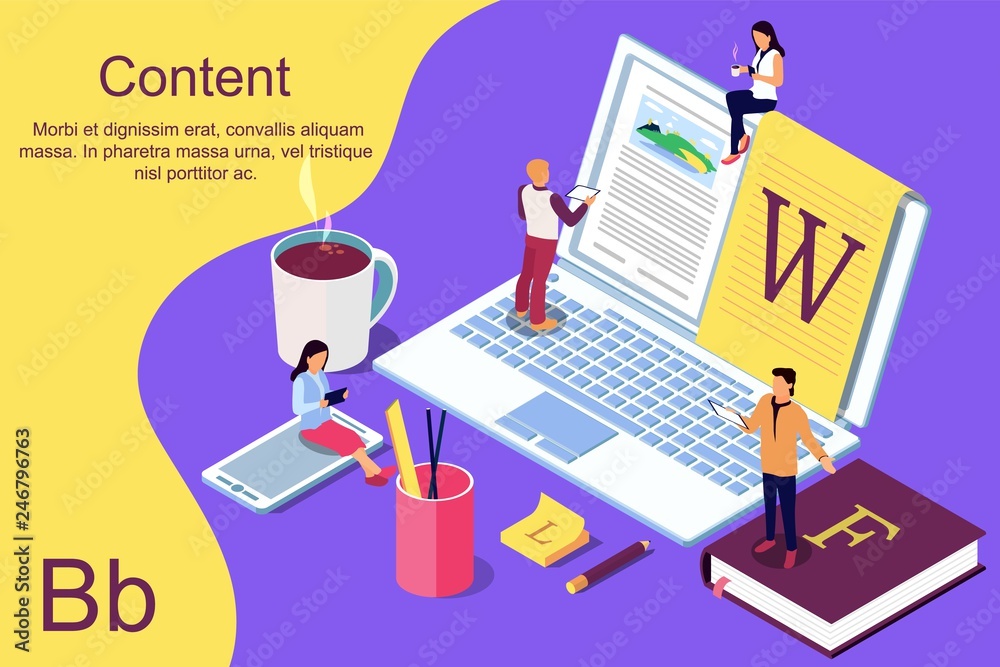 Isometric concept creative writing or blogging, education and content ...