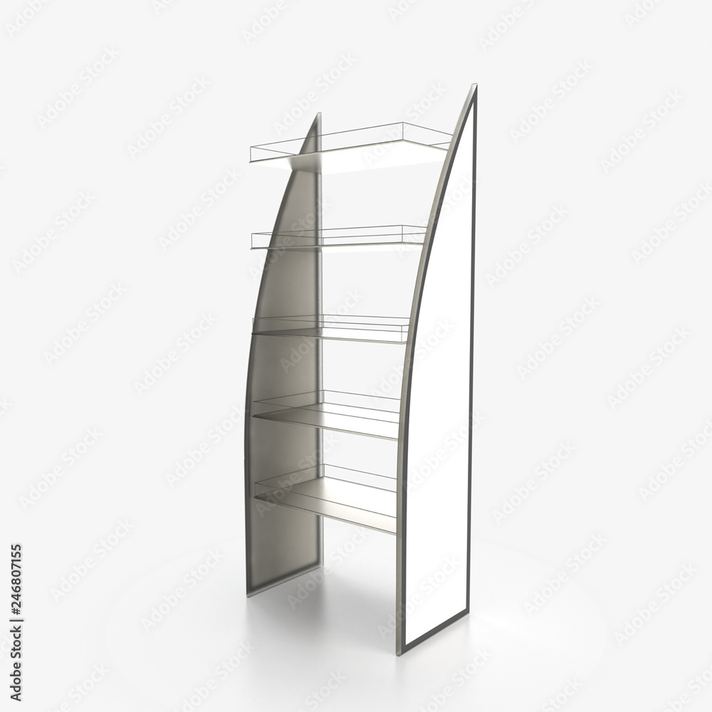 Empty store shelves. Retail shelf rack. Showcase display. Mockup ...