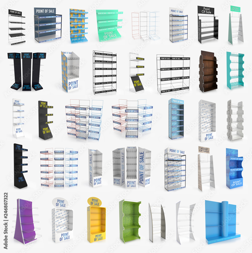 Empty store shelves. Retail shelf rack. Showcase display. Mockup ...