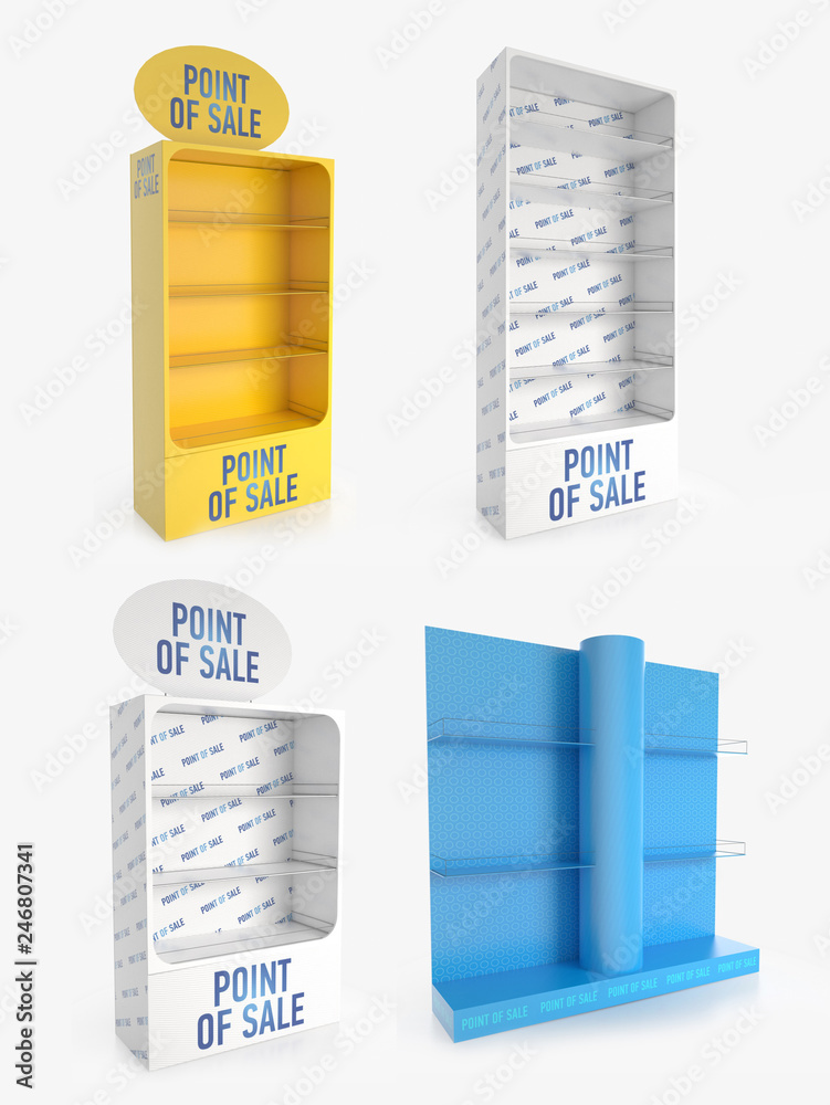 Empty store shelves. Retail shelf rack. Showcase display. Mockup ...