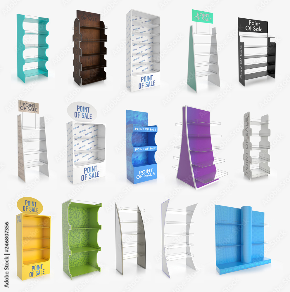 Empty store shelves. Retail shelf rack. Showcase display. Mockup ...