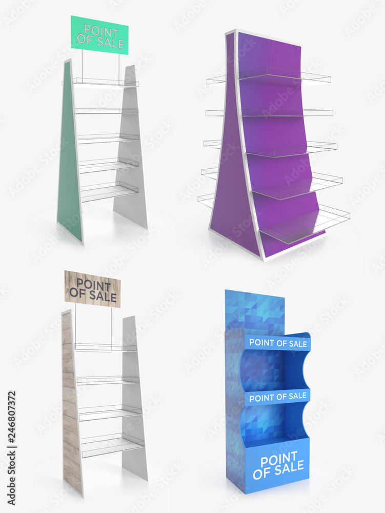 Empty store shelves. Retail shelf rack. Showcase display. Mockup ...