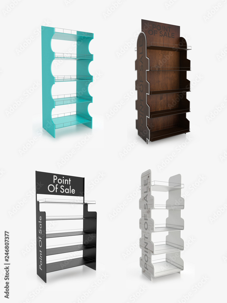 Empty store shelves. Retail shelf rack. Showcase display. Mockup ...
