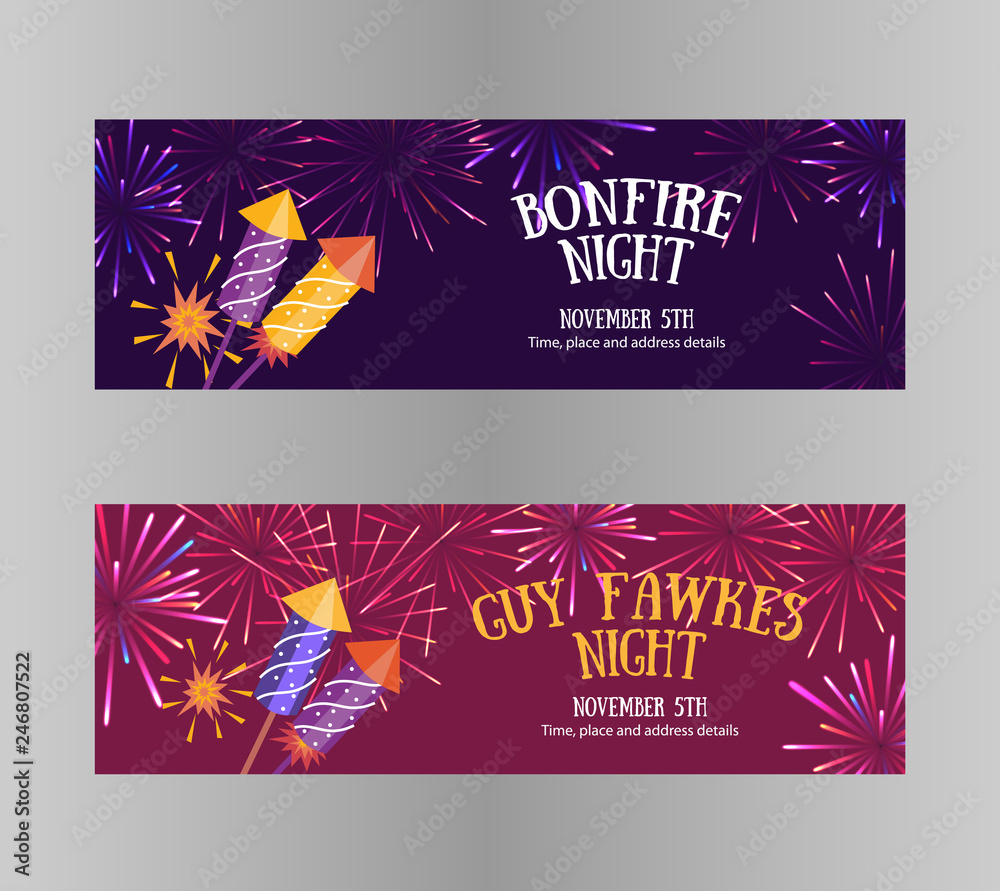 Bonfire night (Guy Fawkes day) flayers contains firecrackers, fireworks ...