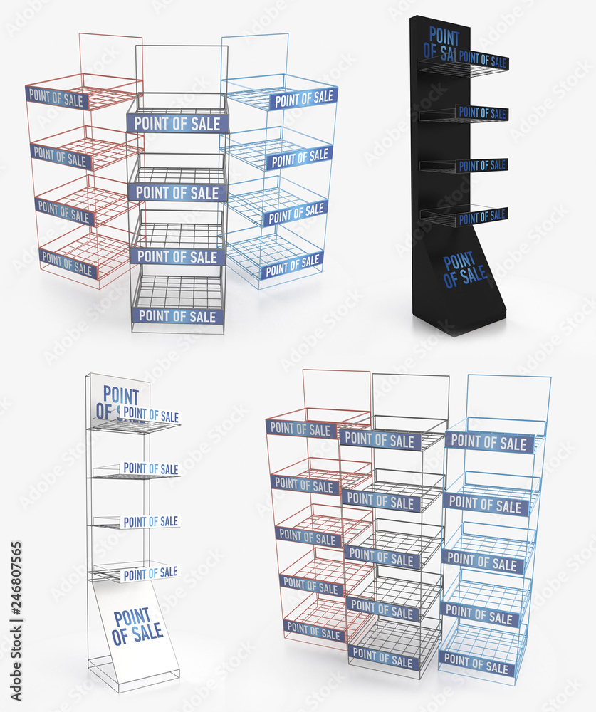 Empty store shelves. Retail shelf rack. Showcase display. Mockup ...