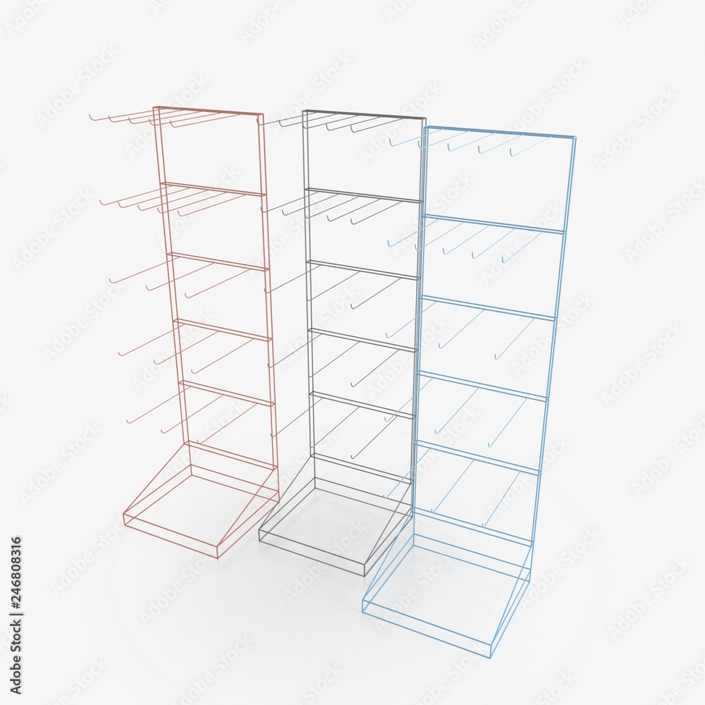 Empty store shelves. Retail shelf rack. Showcase display. Mockup ...