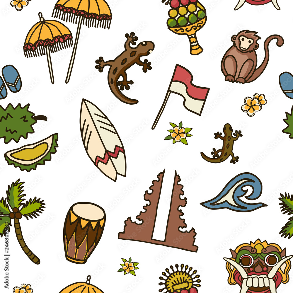 Bali vector seamless pattern. Balinese traditional Temple, Barong mask ...