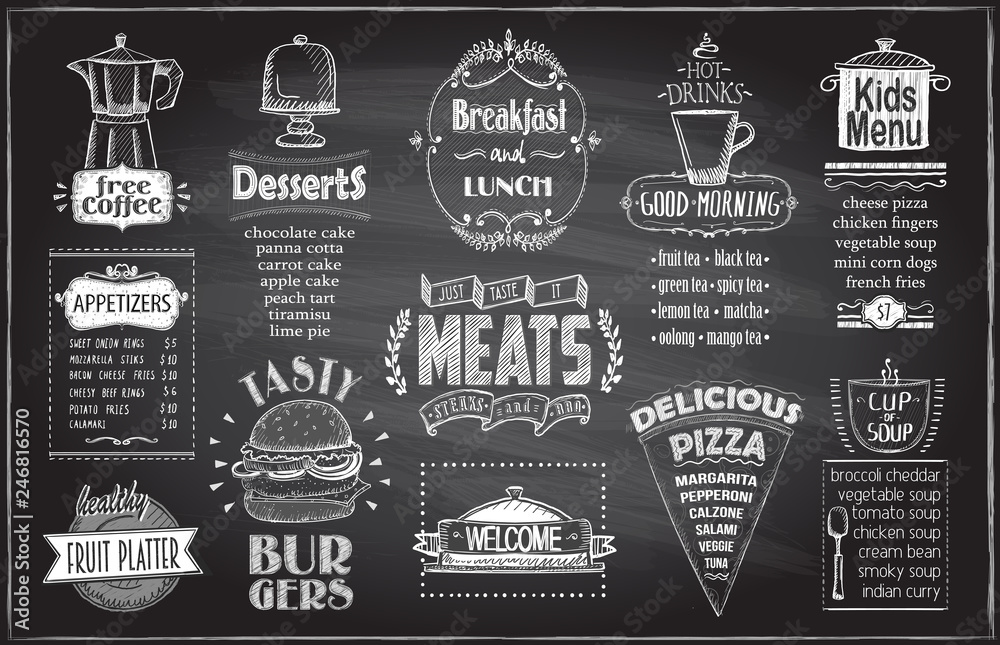 Chalk menu board design for cafe or restaurant, breakfast and lunch ...