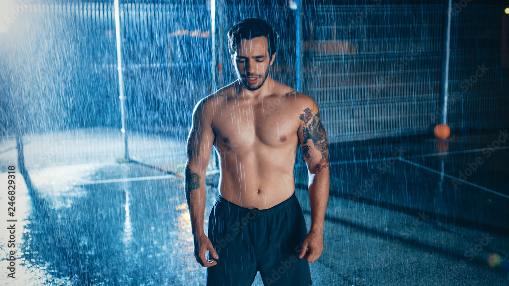 Strong Muscular Fit Shirtless Young Man Finishing His Athletic ...