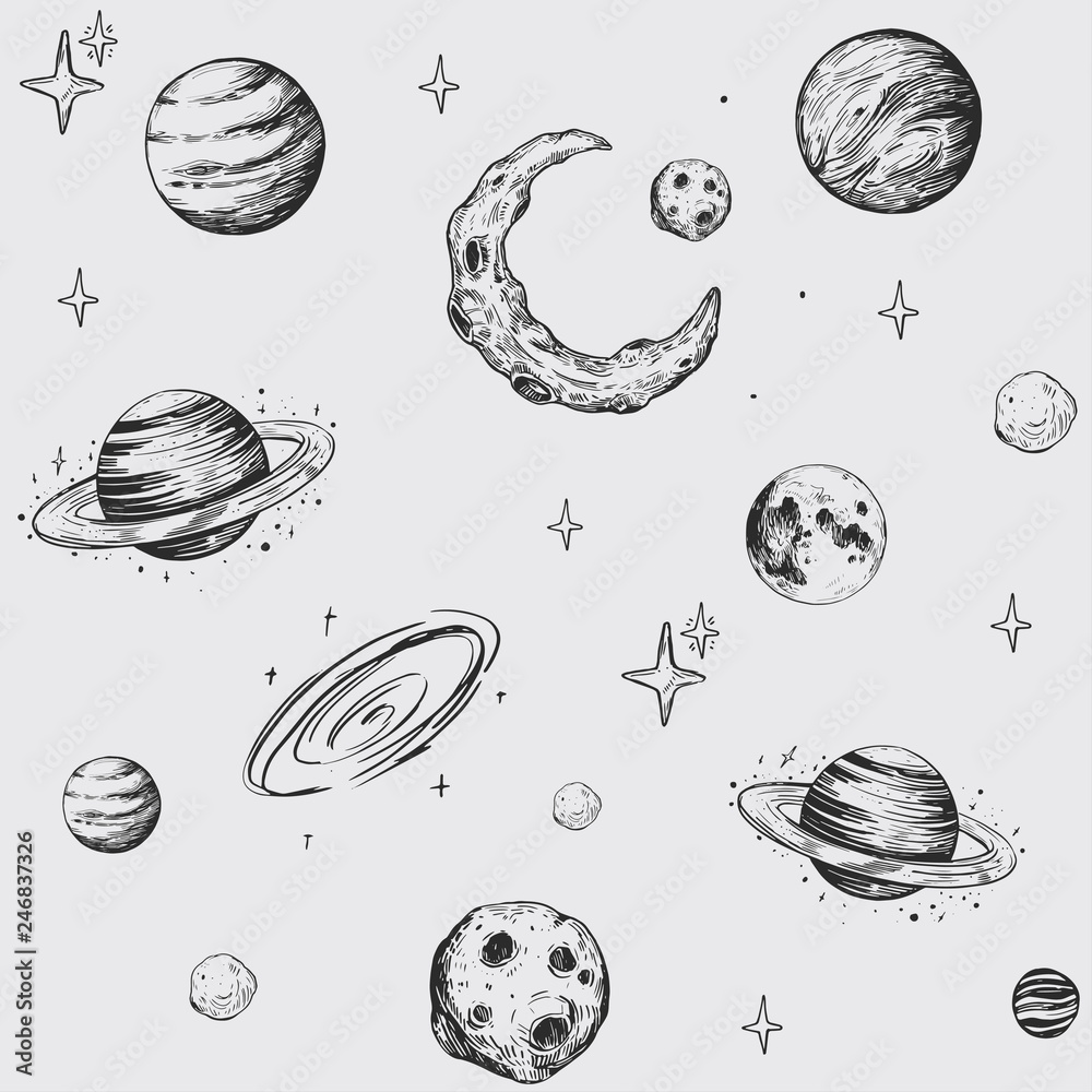 Space seamless pattern with planets, stars. Hand drawn sketch converted ...